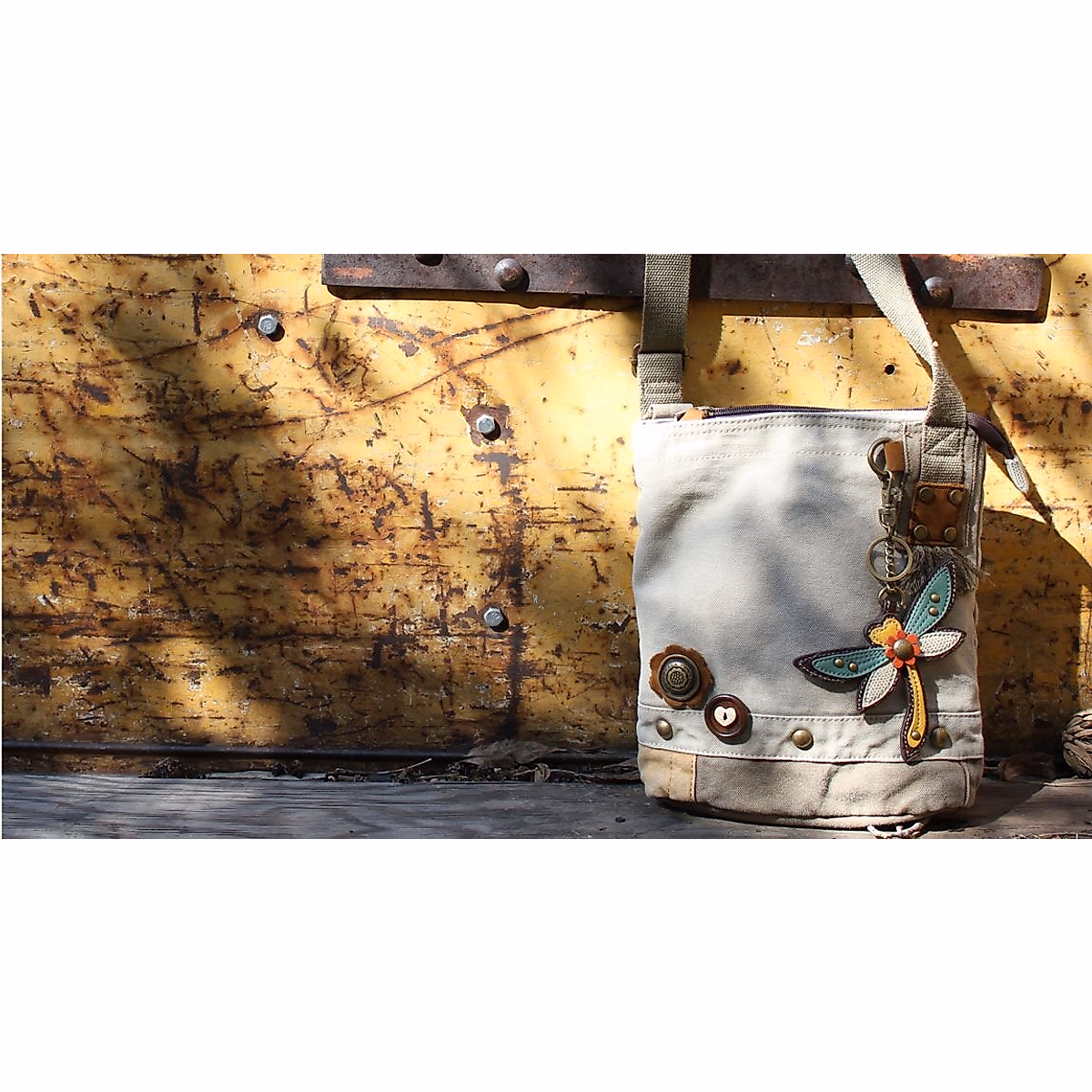 CHALA Patch Cross-Body Women Handbag, Canvas Messenger Bag, Metal Dragonfly - Brown
