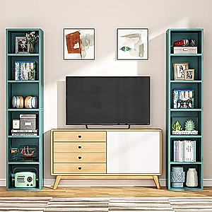 LITTLE TREE 70.9 Inch Tall Narrow Bookcase, Corner Bookshelf 6 Tier Cube Display Shelf Storage Organizer for Small Space, Blue