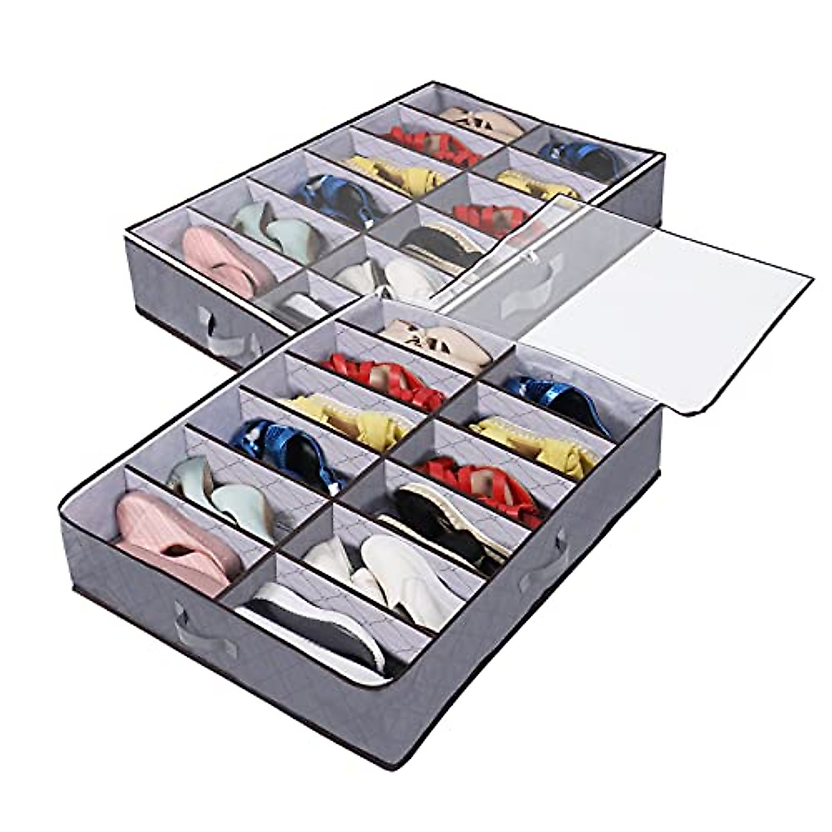 Under Bed Shoe Storage Organizer, Adjustable Dividers - Set of 2, Fits 24 Pairs Total - Underbed Storage Solution Gray