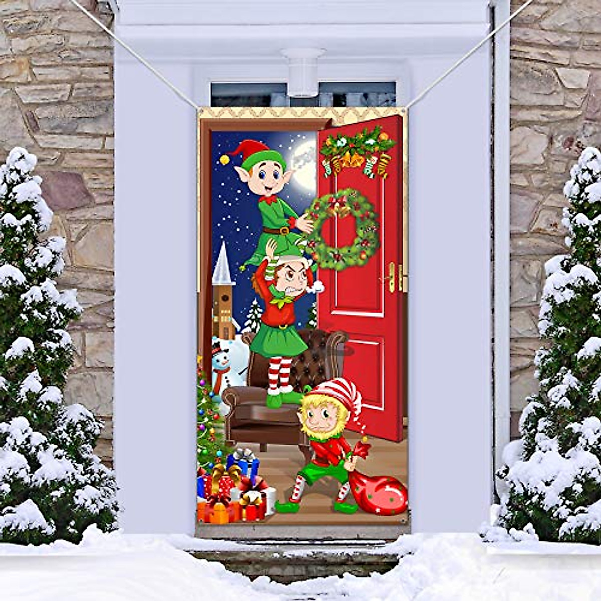 Christmas Door Cover, Funny Elves Door Backdrop Fabric Santa Backdrop Christmas Background Banner Xmas Door Hanging Covers Photo Booth Props for Christmas Party Decorations, 70.9 x 35.4 Inch