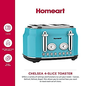 Homeart Chelsea Collection - Cordless Kettle With Temperature Gauge and 4-Slice Toaster with Adjustable Browning Control - Stainless Steel Retro Design, Turquoise