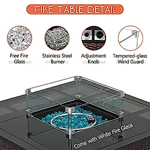 HOMPUS 7-Piece Outdoor Patio Furniture Set, All-Weather Wicker Sectional Sofa, Dark Grey Cushions w 32-inch Square Dark Brown Wicker Fire Table (40,000 BTU), Tank Outside, Glass Wind Guard