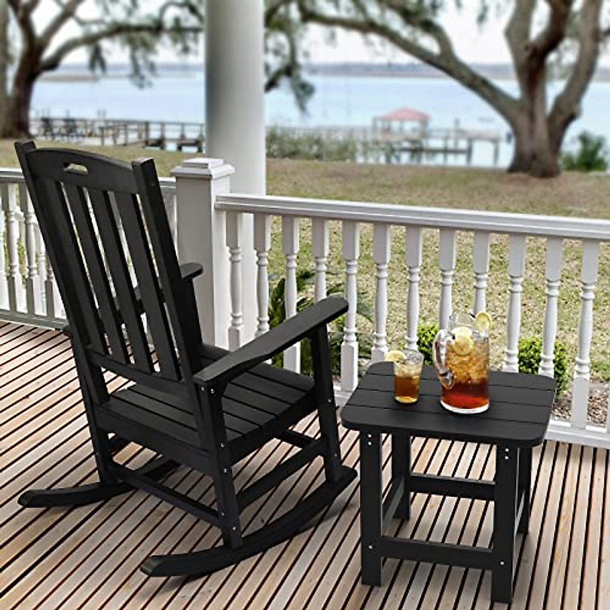 Cecarol Patio Oversized Rocking Chair Outdoor, Weather Resistant, Low Maintenance, High Back Front Porch Rocker Chairs 385lbs Support Poly Lumber Rocker, Wood-Like Plastic Chair, Black-PRC01