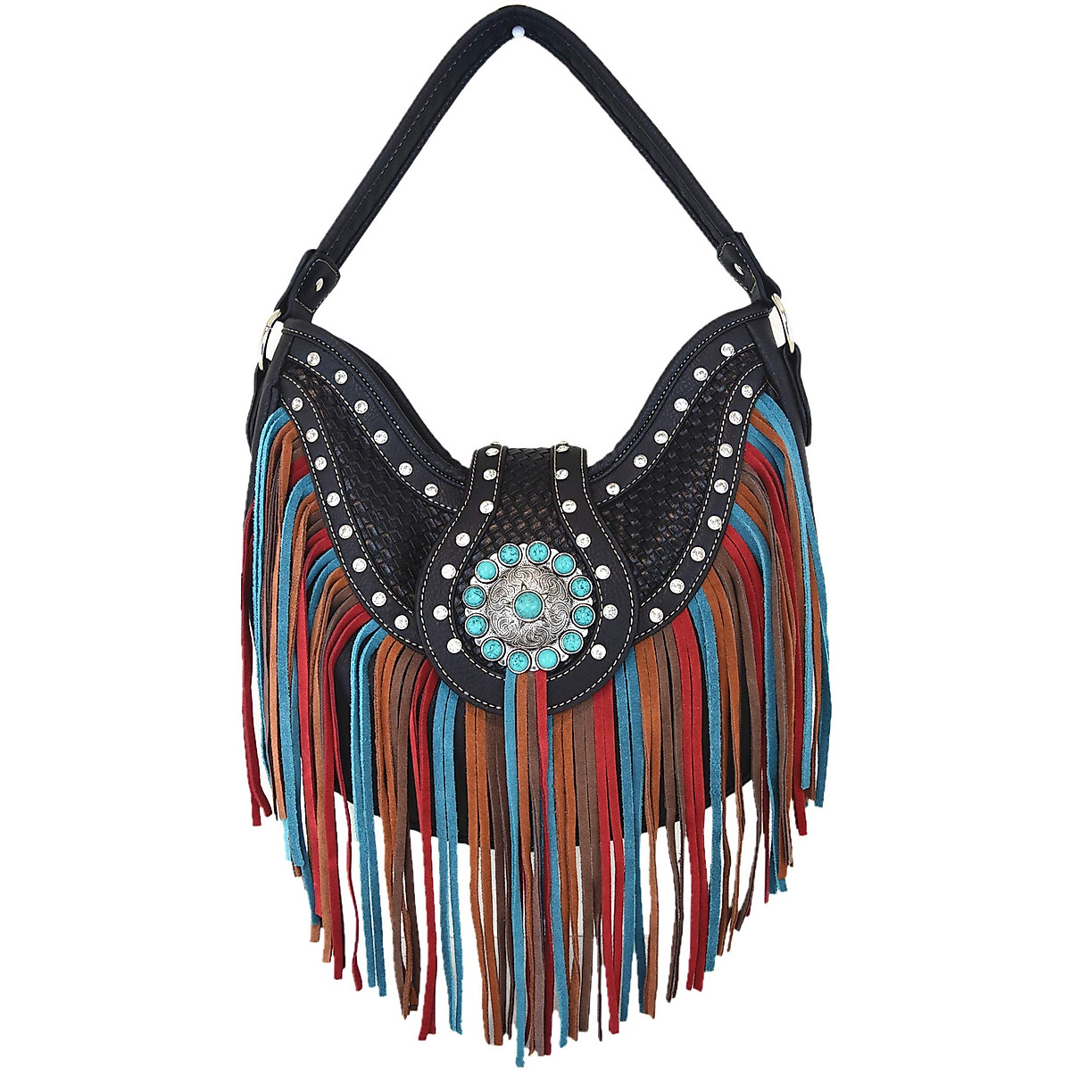 Western Style Fringe Conchos Gem Rhinestone Studded Braided Leather Purse Country Handbag Women Shoulder Bag Wallet Set (Red Set)