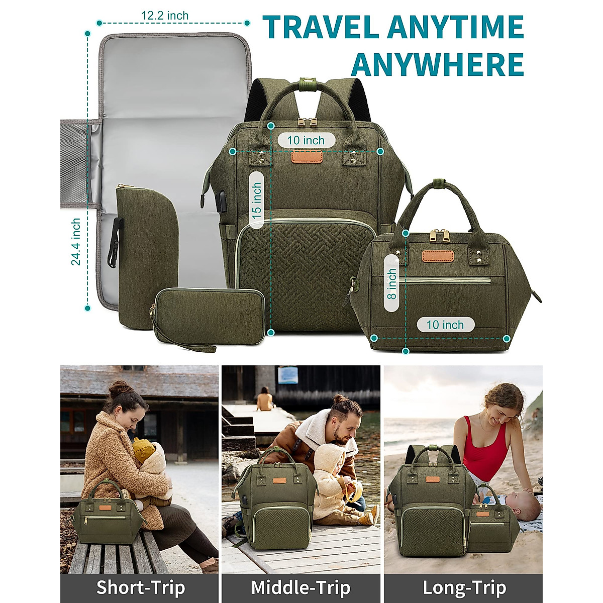 SofLiv Baby Diaper Bag Backpack Purse Sets Double Diaper Bags for Mom Dad, Stylish Baby Bags for Boys Girls with Changing Pad, Stroller Straps, USB Charging Port, Easy to Travel, (M, Army Green)