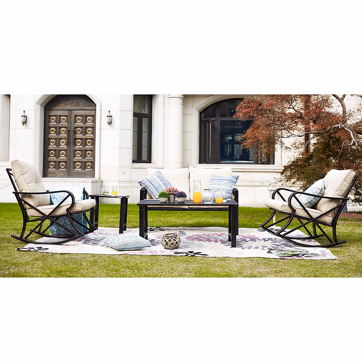 LOKATSE HOME 5Pcs Patio Furniture Conversation Bistro Sets Loveseat and 2 Coffee Table, Khaki