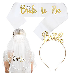 Yolev Bachelorette Party Accessories Set, 3 Piece Rose Gold Bridal Shower Decoration Accessories-Bride to Be Sash and Veil Bride Headband for Bachelorette Party Supplies