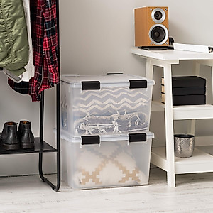 IRIS USA WEATHERPRO 47 Quart Stackable Storage Box with Airtight Gasket Seal Lid, Heavy Duty Containers with Tight Latches, Weather proof Bins for Closet Basement Attic, 2 Pack - Clear/Black