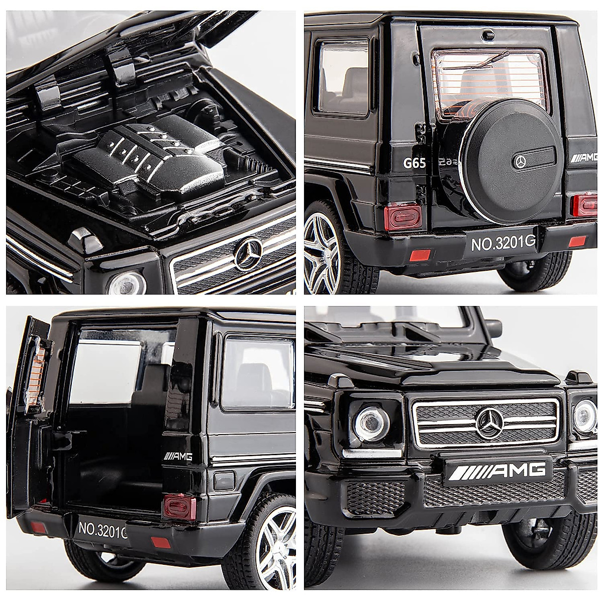 BDTCTK Compatible for 1:32 G65 Model Pull Back Car with Sound and Light for Kids Boy Girl, Metal Body, Door Opened, Black