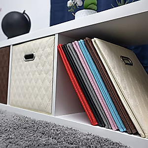 JIAessentials Large 13-inch Black Foldable Diamond Patterned Faux Leather Storage Cube Bins Set of Four with Handles with Dual Handles for living room, bedroom and office storage