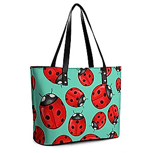 Womens Handbag Ladybug And Ladybird Green Background Leather Tote Bag Top Handle Satchel Bags For Lady
