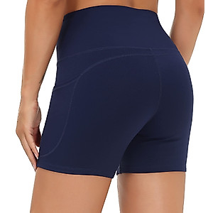 THE GYM PEOPLE High Waist Yoga Shorts for Women's Tummy Control Fitness Athletic Workout Running Shorts with Deep Pockets (Small, Blue)