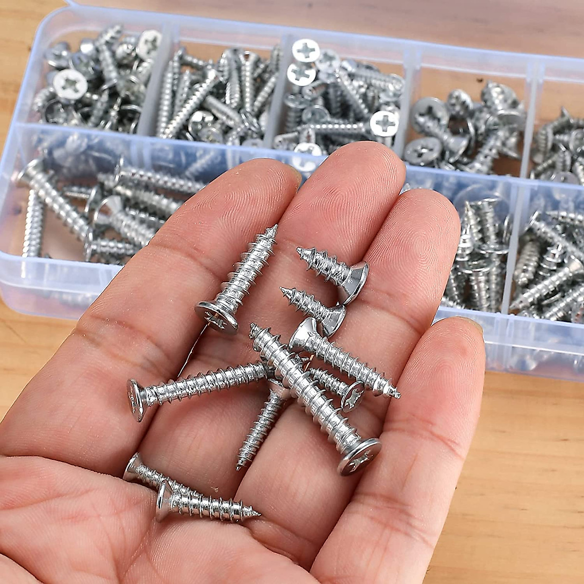 Silver M2 Nickel-Plated Carbon Steel Flat Head Self Tapping Screws (800pcs/Set), Assortment Drilling Screws with Storage Case, 4mm 5mm 6mm 8mm 10mm 12mm 16mm 20mm