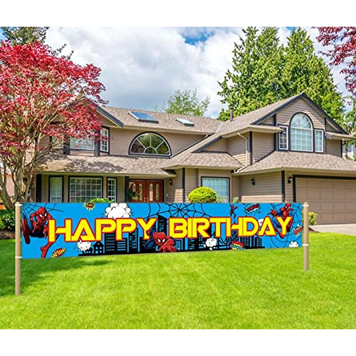 Large Superhero Spider Man Happy Birthday Banner, Spider Man Themed Birthday Party Supplies Decorations, Superhero Birthday Party Supplies for Boys Kids, Outdoor Indoor (118 x 19 In)