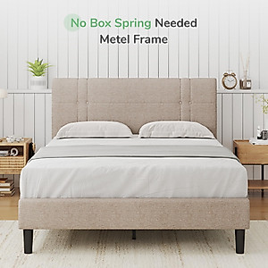 Novilla Queen Platform Bed Frame for Bedroom, Bed Frame Queen Size with Headboard and Wood Slat Support, Queen Platform Bed No Box Spring Needed, Easy Assembly, Beige