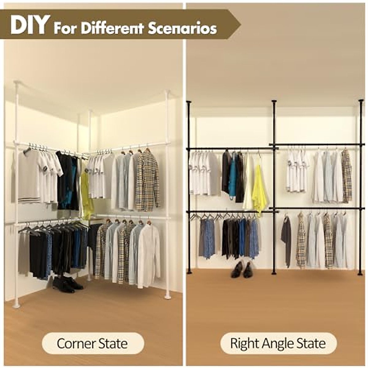 BsBsBest Ceiling Clothes Rack, 4 Tier Adjustable Closet Shelves Free Standing Closet Organizer And Storage Free Ceiling to Floor for Hanging Clothes White