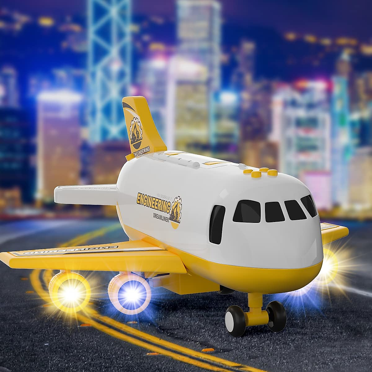 UNIH Toddler Airplane for 2 3 4 5 Year Old Boys & Girls, Kids Toys Plane with Lights and Sounds, Transport Cargo Airplane with 4 Construction Cars
