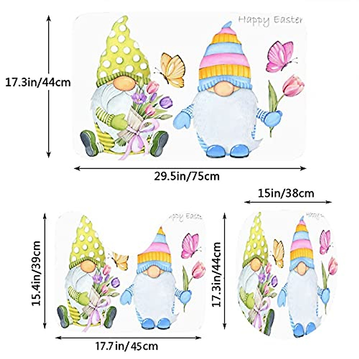 Spring Flowers. Cute Easter Gnomes. Bathroom 4 Sets Shower Curtain Decor with Rugs, Toilet Lid Cover and Bath Mat,12 Hooks