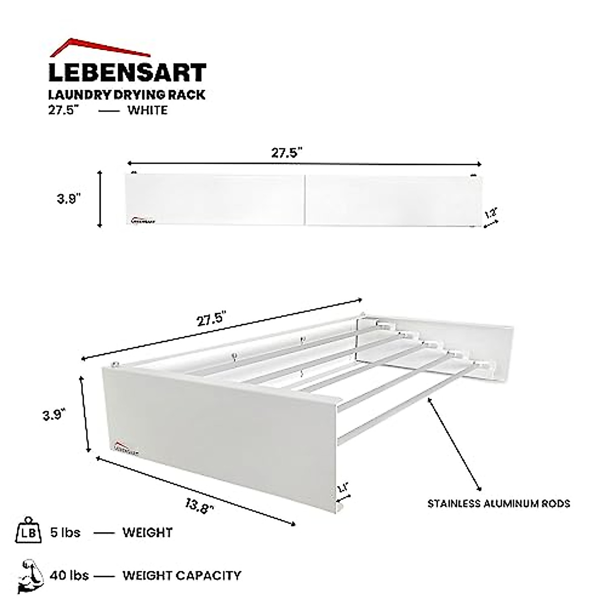 LEBENSART Laundry Drying Rack, Stainless Steel Collapsible Wall Mounted Space Saving Clothes Drying Rack, Indoor and Outdoor Foldable Drying Rack, 40lbs-14Ft Drying Capacity,27,5" (White)