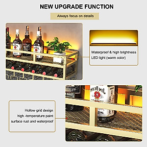 PENGFEI LED Wine Rack Wall Mounted, Industrial Metal Hanging Wine Bottle & Glass Holder, Large Floating Shelves Wine Bottle Organizer Goblet Rack for Home Bar Dining Room Decor