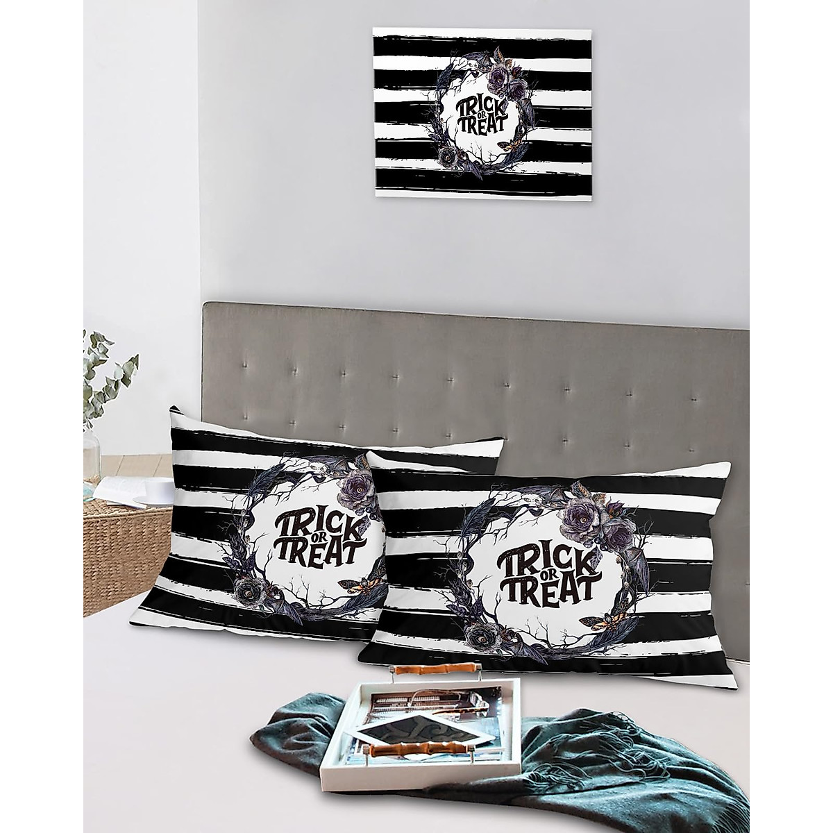 Edwiinsa Halloween Rose Pillow Covers King Standard Set of 2 Bed Pillow, Plush Soft Comfort for Hair/Skin Cooling Pillowcases with Envelop Closure 20x36 Inches Black Geometric Stripes Flower