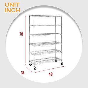 FDW 48 inch L×18 inch W×76 inch H Wire Shelving Unit Metal Shelf with 6 Tier Casters Adjustable Layer Rack Strong Steel for Restaurant Garage Pantry Kitchen Garage, Chrome
