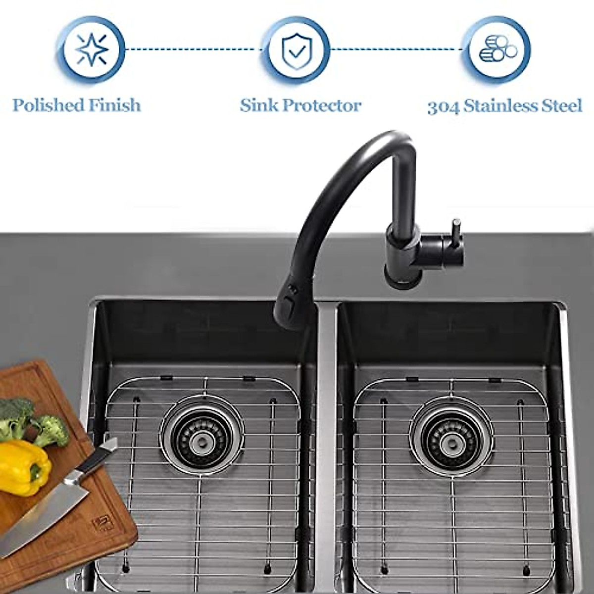 Orgneas Sink Protectors for Kitchen Sink, Universal Double Bowl Sink Bottom Grid 13.2"x11.6"x1.25", 304 Premium Stainless Steel Kitchen Sink Protector Grid Sink Grate Rack Rear Drain 2 Packs