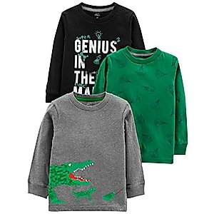 Simple Joys by Carter's Boys' 3-Pack Long Sleeve Shirts, Black Genius/Green Rocket/Grey Crocodile, 3T