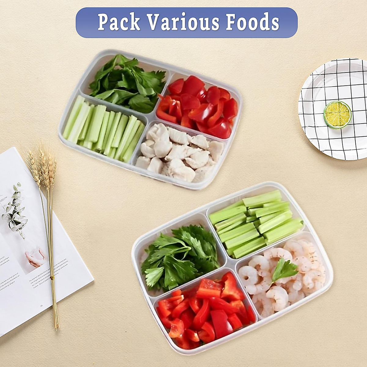 MUXHEL 8 Pcs 4 Compartment Food Storage Containers with Lids, BPA-Free Divided Serving Tray Container Reusable, Plastic Freezer Storage Containers for Storing Fruits, Vegetables, Meat