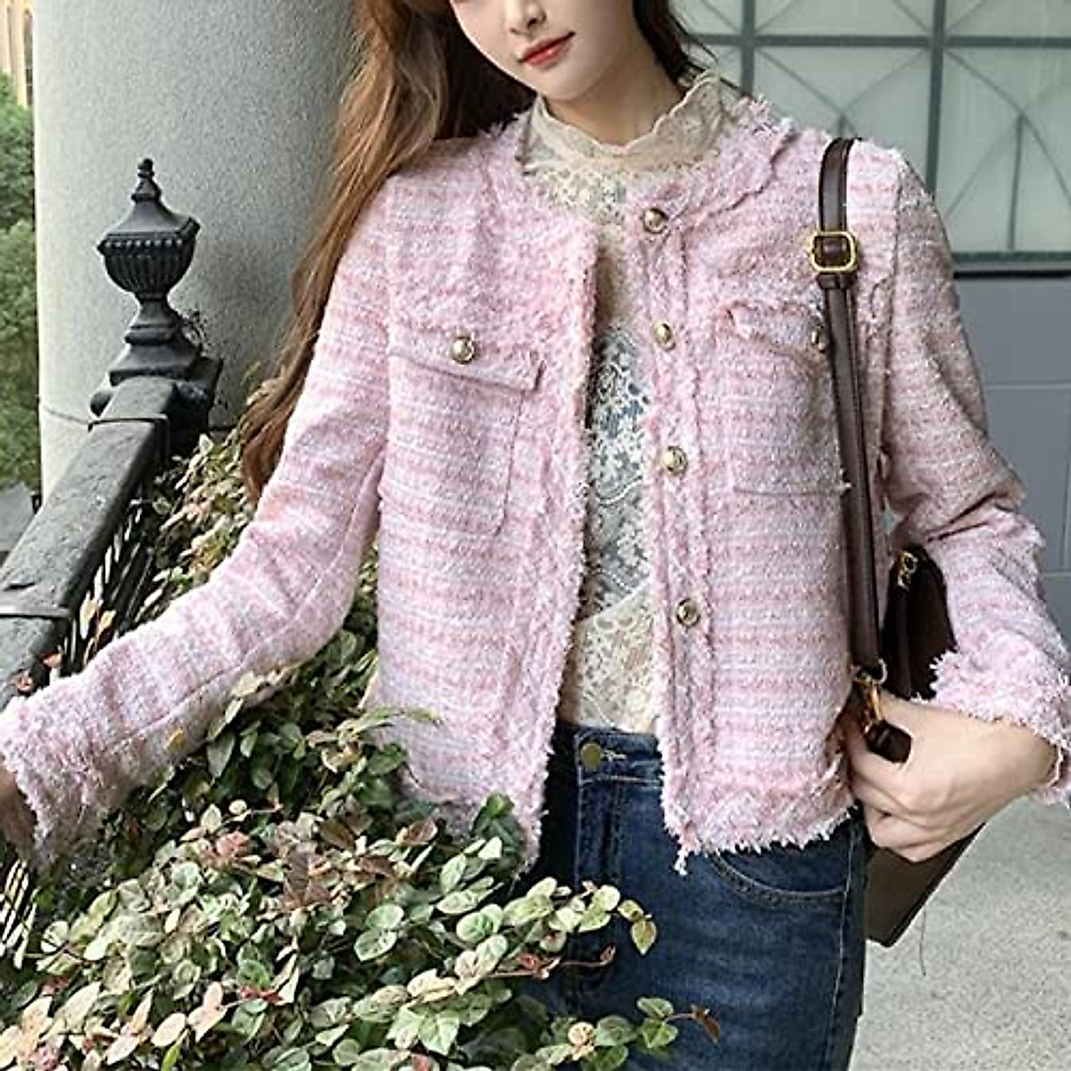 SaytoRose Women's Plaid White Tweed Blazer Open Front Collarless Blazer Elegant Work Cropped Jacket Coat(Pink,M)