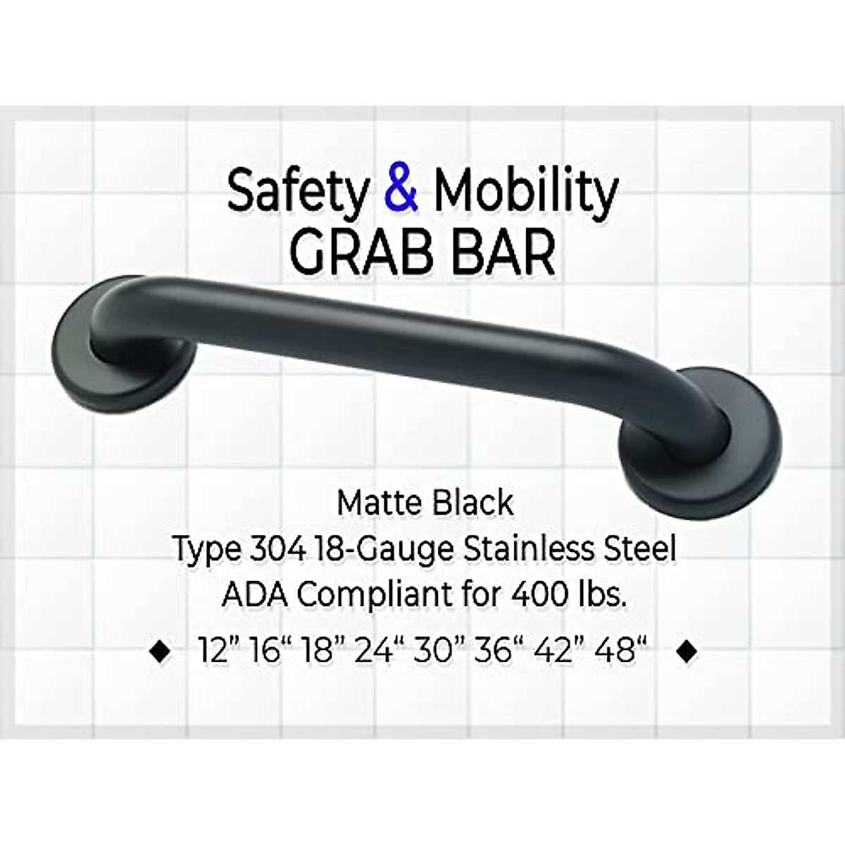 Matte Black 24" Grab Bar for Bathroom Shower Toilet - ADA Safety Handrail/304 Stainless Steel/Smooth