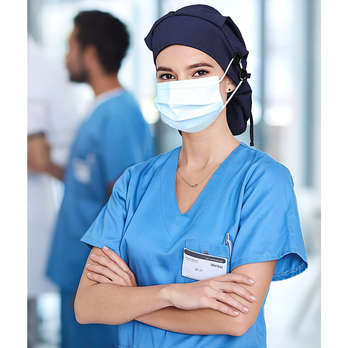 Silk Lined Work Cap with Button for Long Ponytail Hair Women Black