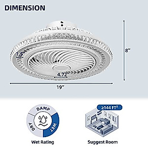 YITAHOME Bladeless Ceiling Fan with Light, 20 Inch Modern Enclosed Chandelier Fan with Dimmable Light, 6 Speeds, DC Motor, Night Light, Wind Cycle, Low Profile Ceiling Fan for Small Space - White