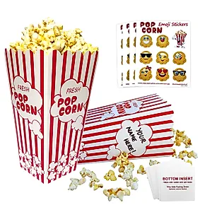 ViziY 32 Popcorn Boxes Red and White Striped-Retro Vintage Paper Movie Night Design-Theater Container Cup Holder-Carnival Party Decorations-Bottom Insert Card Helps Prevent Leaks Bonus-Emoji Stickers