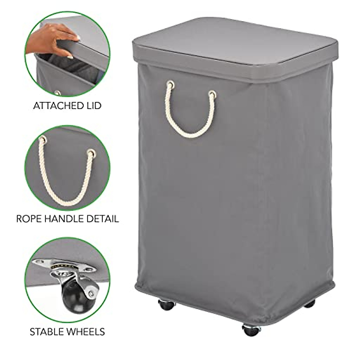 mDesign Large Polyester Rolling Laundry Hamper with Wheels, Removable Lid, and Rope Carrying Handles, Collapsible Hampers with Wheels for Compact Storage, Tall Single Compartment Basket, Charcoal Gray