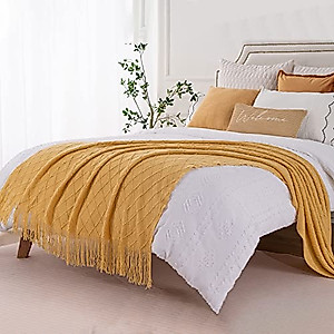 BATTILO HOME Mustard Throw Blanket with Fringe Geometric Bed Gold Yellow Throws Breathable Decorative Large Throw for Couch Sofa Indoor Outdoor (Mustard, 50"x60")