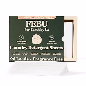 FEBU Eco Friendly Laundry Detergent Sheets | 96 Loads, Fragrance Free | 6x More Cleaning Power With Only 8 Plant-Based Ingredients | Hypoallergenic Laundry Sheets | Zero Waste Laundry Soap Sheets