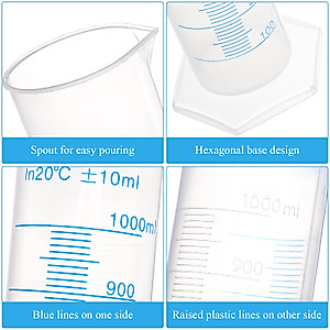 Bekith 4 Pack 1000ml Plastic Graduated Cylinder with Stable Base, Plastic Measuring Cylinder 2-Sided Marking Lab Cylinders, Clear Measuring Cylinder for Science Projects, Laboratory Supplies
