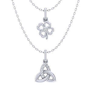Dainty Four Leaf Clover and Celtic Trinity Knot Layered 1/20 Cttw Natural Diamond Pendant Necklace set in 925 Sterling Silver
