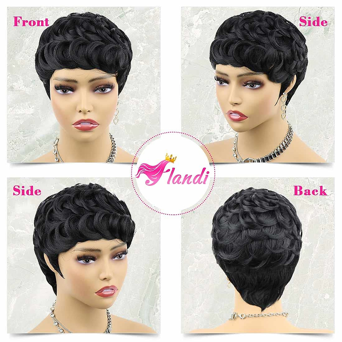 Flandi Short Pixie Cut Wigs for Black Women Natual Black Curly Pixie Wigs with Bangs Short Wigs Human Hair Wigs Short Curly Layered Pixie Wig for Women (Short Pixie Wavy 1B#)