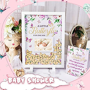65 Pieces Butterfly Baby Shower Guest Book Alternative Set 60 Pieces Butterfly Token Baby Shower Sign in Guest Book Baby Keepsake Signature Book Picture Frame with Wooden Stand Storage Bag and Pen