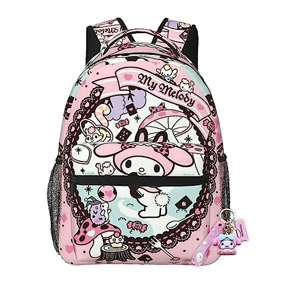 DIEZ My Bunny Melody Backpack Women Casual Pink Backpack Cartoon My Bunny Melody Kawaii Backpack Breathable Large-Capacity Travel Daypack With Keychain