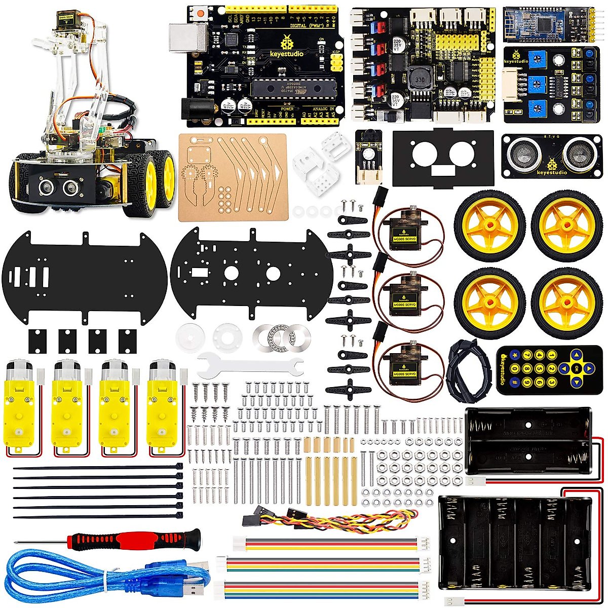 KEYESTUDIO 4WD Bluetooth Smart Car Robot Arm Building Starter Kit for Arduino ，for Uno R3 Programmable Robotics Coding Kit DIY Set for Student Adults 15+