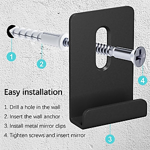 BAGTeck 6Pcs Metal Mirror Clips Wide Channel Mirror Hanger Clip Kit Large Heavy Retainer Clips for Mirrors with Screw Mirror Clips for Wall Mounting Frameless Mirror Billboard Displays (Black)