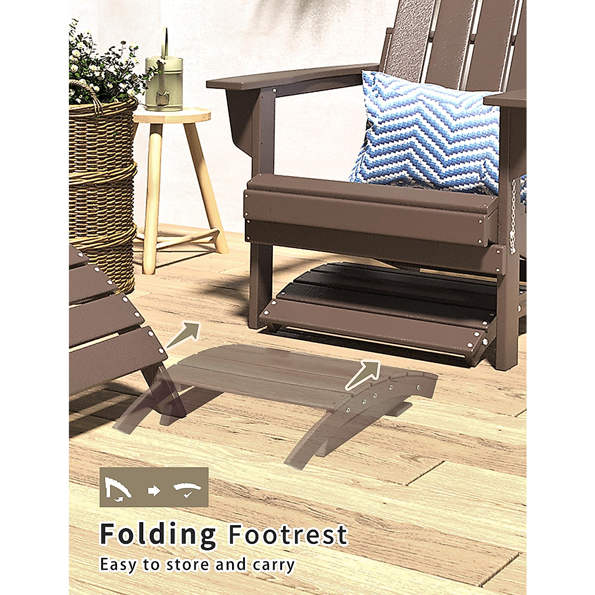 BUPPLEE Folding Adirondack Ottoman for Adirondack Chair, HDPE All Weather Outdoor Footrest Poly Lumber Adirondack Footstool for Patio, Backyard, Garden, Easy to Assemble & Storage - Teak