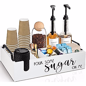 Coffee Station Organizer, Coffee Bar Organizer for Counter, Coffee and Tea Condiment Storage Organizer, Rustic Coffee Bar Decor for Coffee Accessories OrganizerCoffee Pod Holder Organizer with Handle,White