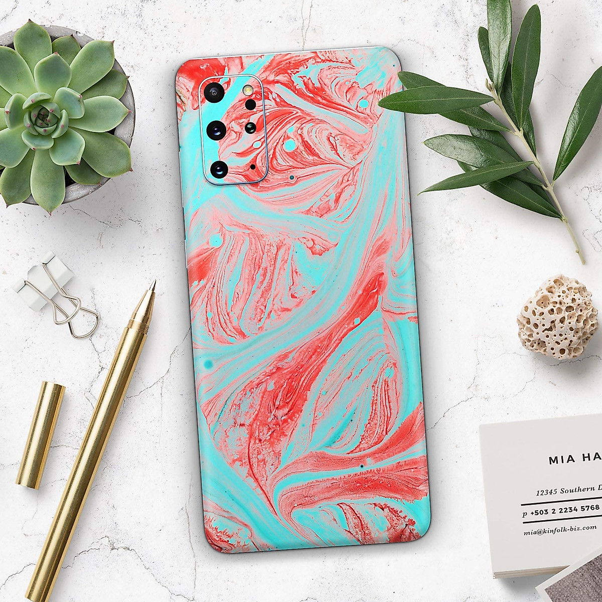 DesignSkinz Swirling Pink and Mint Acrylic Marble Protective Vinyl Decal Wrap Skin Cover Compatible with The Samsung Galaxy S20 (Screen Trim & Back Glass Skin)