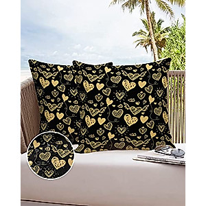 Outdoor Pillows Waterproof Pillow Covers Set of 2, Lovely Hearts Happy Valentines Day Black Polyester Throw Pillow Covers Garden Cushion Case for Patio Funiture Sofa Decoration 18x18inch,