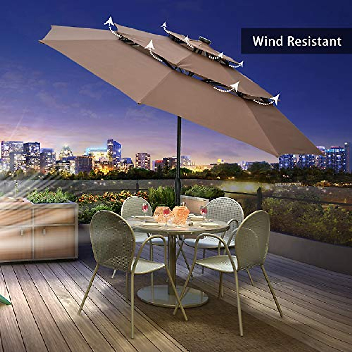 Klismos 10FT 3 Tiers Patio Umbrella with Lights Windproof Outdoor Market Umbrella Large Waterproof Table Umbrella with Tilt and Crank(Coffee)