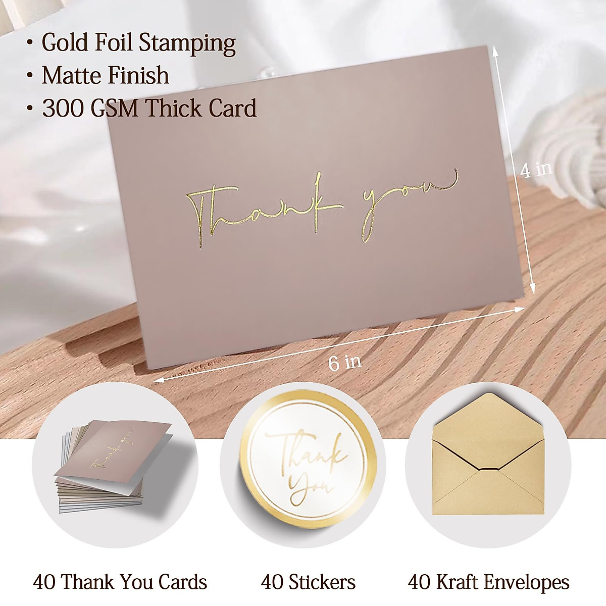 Obbyidk 40 Gold Foiled Thank You Cards with Envelopes, Thank You Card Assortments, Suitable for Baby Shower, Bridal Shower, Weddings, Engagement, Graduation, Business, Birthday Party